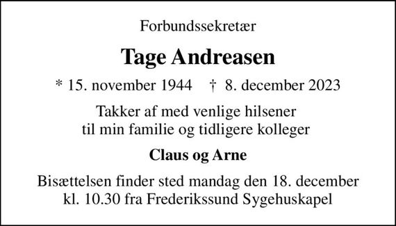 Tage Andreasen | Dødsannoncer i Danmark