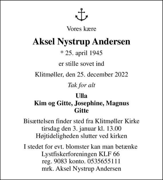 Aksel Nystrup Andersen | Dødsannoncer i Danmark