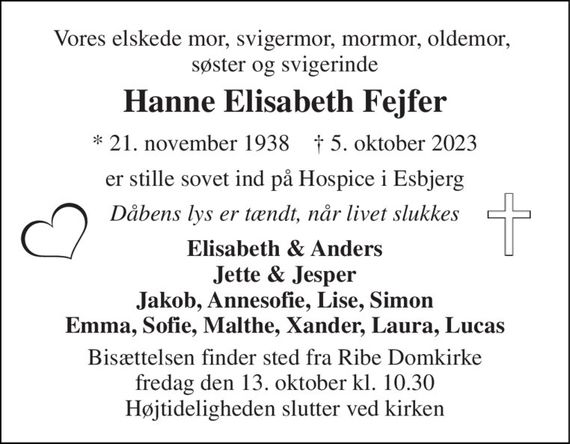 Hanne Elisabeth Fejfer | Dødsannoncer i Danmark