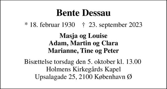 Bente Dessau | Dødsannoncer i Danmark